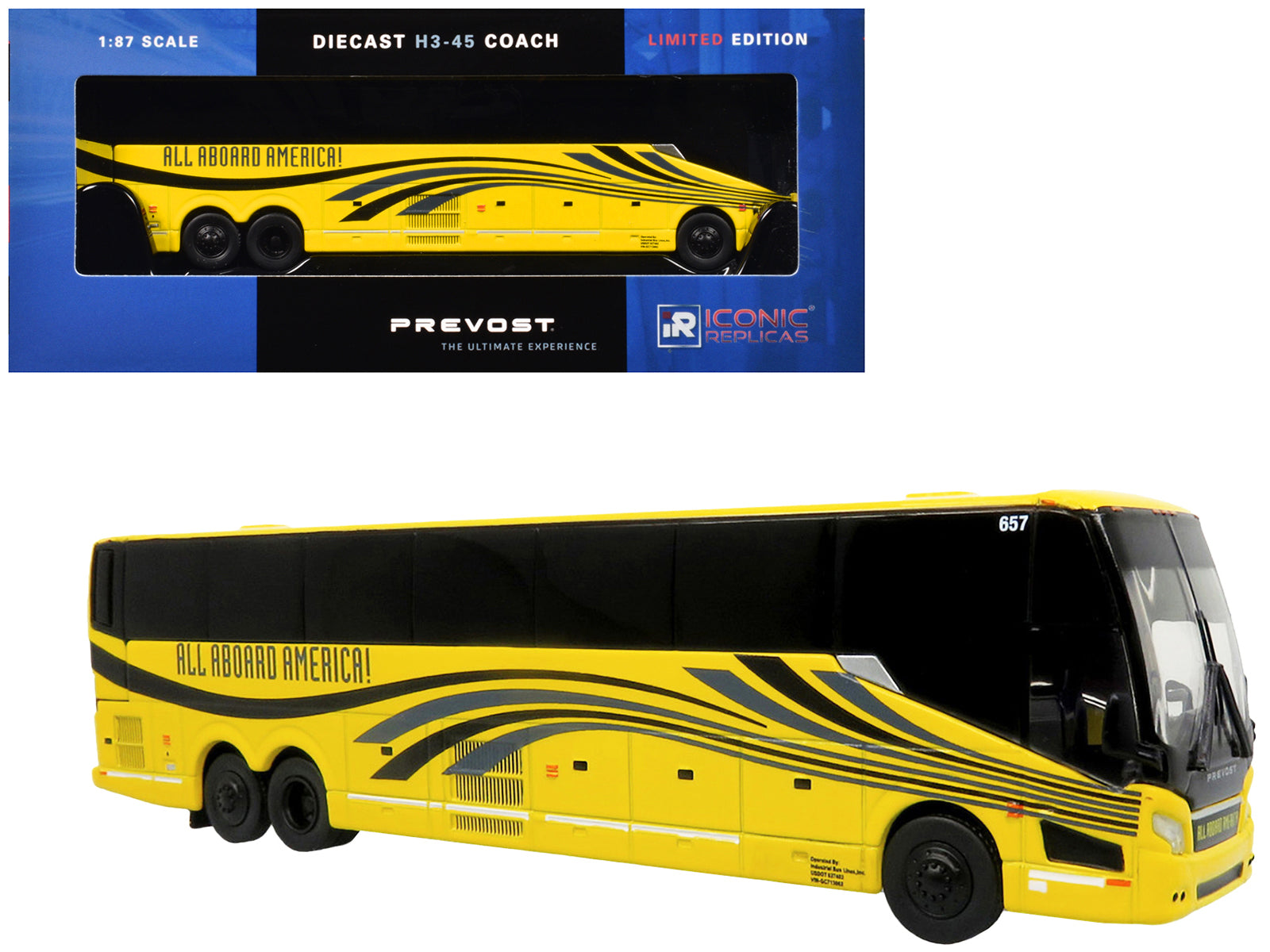 Prevost H3-45 Coach Bus "All Aboard America" Yellow with Graphics ...